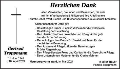 Traueranzeigen Von Gertrud Troppmann Mittelbayerische Trauer