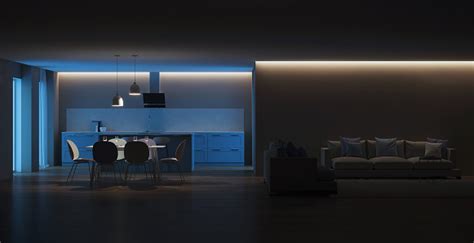 현대 집 인테리어입니다 블루 주방입니다 밤입니다 저녁 조명입니다 3d 렌더링입니다 0명에 대한 스톡 사진 및 기타 이미지 0명 3차원 형태 가구 Istock