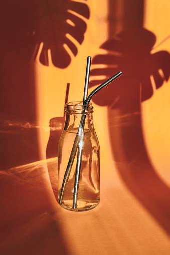 식물 그림자와 노란색 배경에 물이 유리 병에 재사용 가능한 금속 빨대 스테인레스 스틸 환경 친화적 인 마시는 짚 세트 폐기물이 없습니다 플라스틱 프리 0명에 대한 스톡 사진