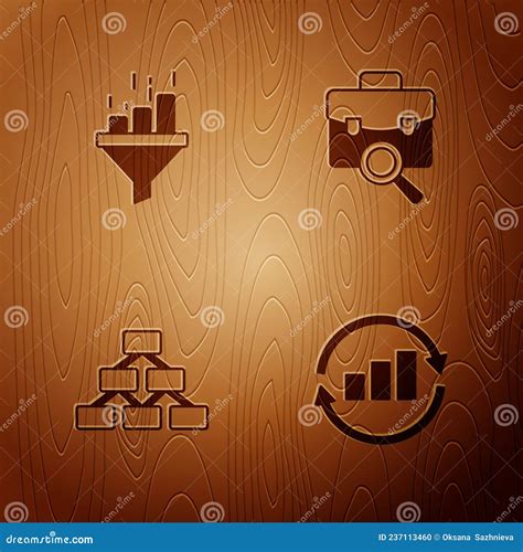 Set Graph Chart Infographic Sales Funnel With Hierarchy Organogram And Work Search On Wooden