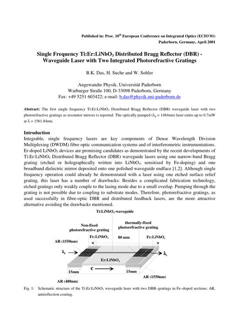 Pdf Single Frequency Tierlinbo 3 Distributed Bragg Reflector Dbr Waveguide Laser With Two