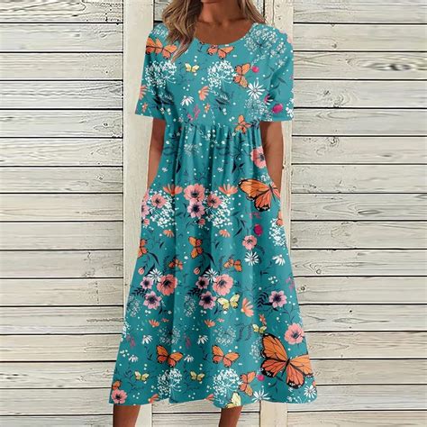 Elvqul Dresses Women Print Crew Neck Summer Midi Short Sleeve Mint