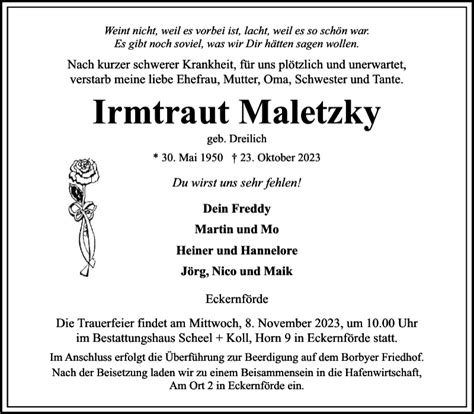 Traueranzeigen Von Irmtraut Maletzky Sh Z Trauer