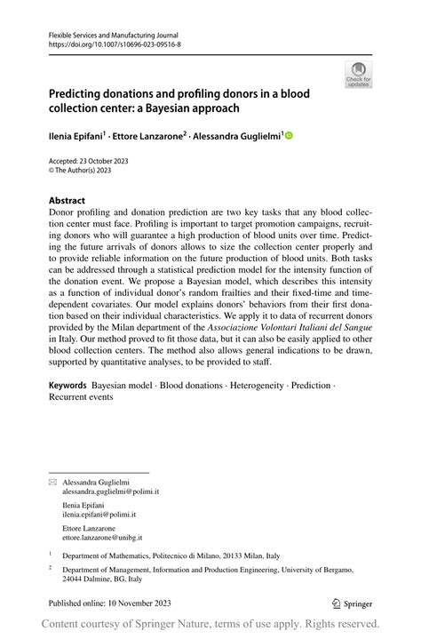 PDF Predicting Donations And Profiling Donors In A Blood Collection Center A Bayesian Approach
