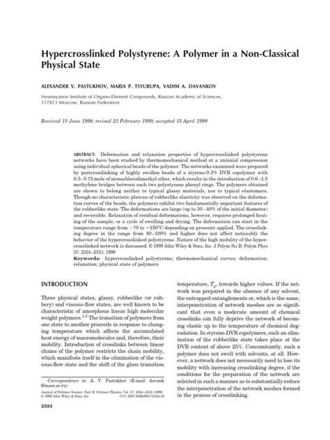 Hypercrosslinked Polystyrene Pdf Polymers Cross Link