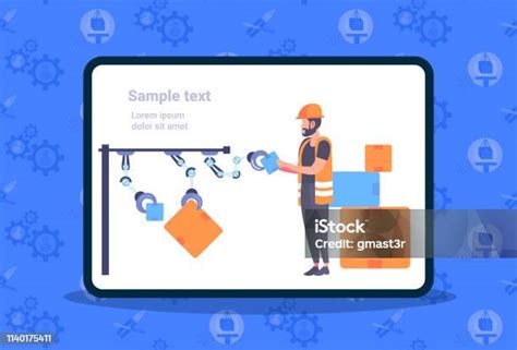 창 고 노동자 로봇 팔을 가진 균일 한 배열 마분지 상자 자동화 된 로봇 생산 라인 현대 저장 수평 한 전체 길이 편평한 사본 공간 제조에 대한 스톡 벡터 아트 및 기타