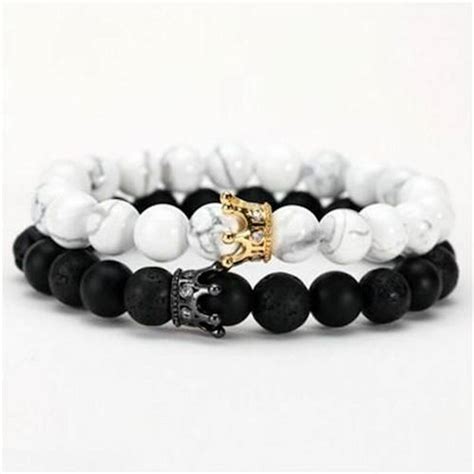 Set Of Two Black And White Crown Beaded Bracelets By Tomsey