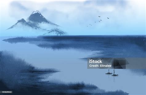 큰 강과 파란 산에 어선과 미니멀 한 푸른 잉크 워시 페인팅 풍경 일본의 전통 잉크 워시 페인팅 스미e 일본에 대한 스톡 벡터