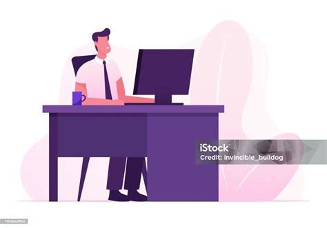 매니저 직업 직업 사무실 직장에서 개인용 컴퓨터에서 일하는 사업가 열심히 남성 캐릭터 회사 노동자 책상에 앉아 Pc 만화 평면