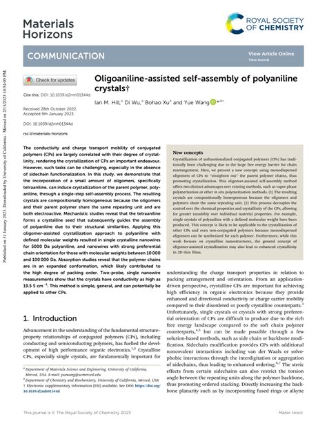 Pdf Oligoaniline Assisted Self Assembly Of Polyaniline Crystals