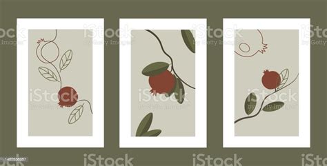 추상 천연 석류 벡터 배경 세트 음소거 된 파스텔 색상의 현대 평면 스타일 수직 일러스트레이션 인테리어 디자인 포스터 소셜 미디어 엽서 식물 인쇄 0명에 대한 스톡 벡터