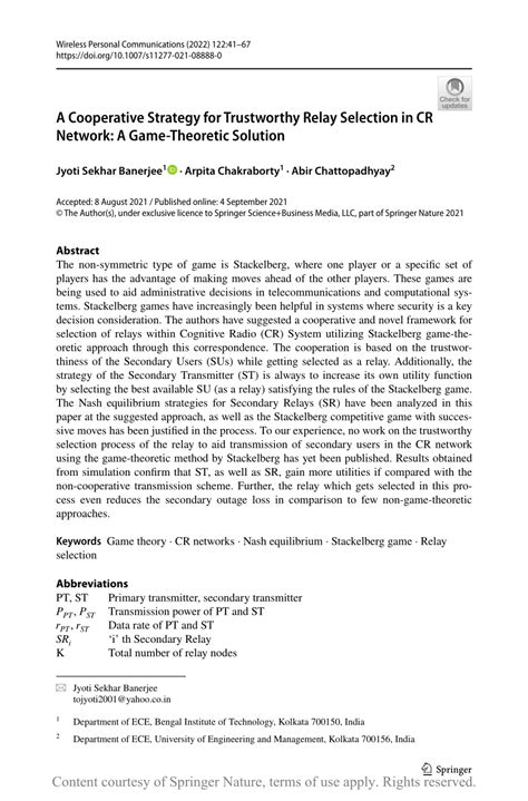 A Cooperative Strategy For Trustworthy Relay Selection In Cr Network A Game Theoretic Solution