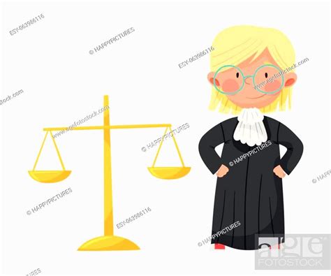 Smiling Girl Character Wearing Long Judge Robe Playing Law Vector Illustration Stock Vector