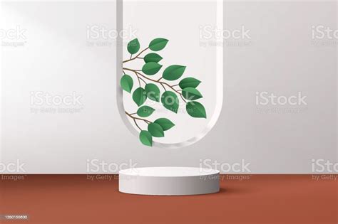 창에 녹색 잎추상 현실적인 3d 흰색과 회색 받침대 연단 제품 디스플레이 프레젠테이션을 위한 최소 벽 장면입니다 벡터 기하학적