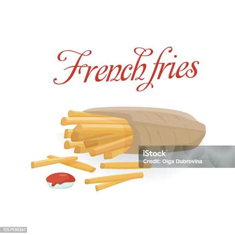 패스트 푸드 감자 튀김 크래프트 포장의 직사각형 슬라이스 소스케첩 메뉴 및 포장 설계를위한 길거리 음식의 벡터 일러스트레이션