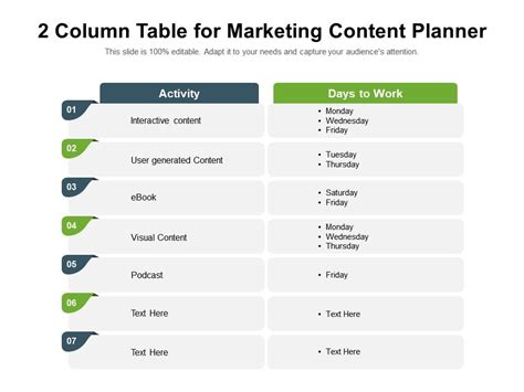 2 Column Table For Marketing Content Planner Presentation Graphics Presentation Powerpoint