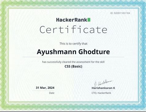 Earned Hackerrank Certificate For Css Skills Ayushmann Ghodture