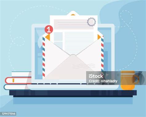 메일 마케팅 개념 화면에 봉투와 문서가있는 노트북 이메일 이메일 마케팅 인터넷 광고 개념 플랫 스타일의 벡터 일러스트레이션 개념에 대한 스톡 벡터 아트 및 기타 이미지