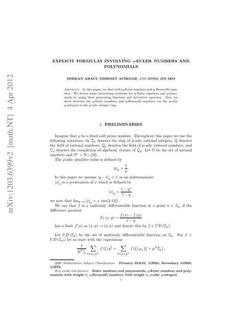 Pdf Explicit Formulas Involving Euler Numbers And Polynomials