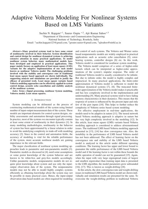 Pdf Adaptive Volterra Modeling For Nonlinear Systems Based On Lms