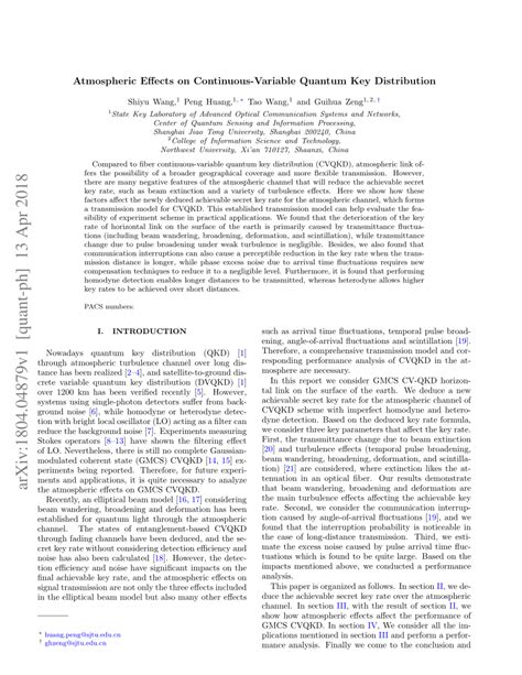 Pdf Atmospheric Effects On Continuous Variable Quantum Key Distribution