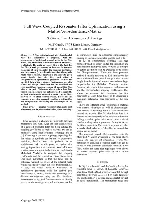 Pdf Full Wave Coupled Resonator Filter Optimization Using A Multi Port Admittance Matrix