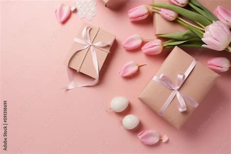 Ilustração Do Stock 파스텔 핑크 바탕에 편지와 작은 하트가 있는 리본 핑크와 흰색 튤립 봉투가 있는 선물 상자 배경 인공지능 생성 Adobe Stock