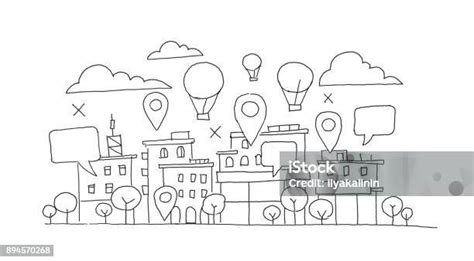 도시 파노라마 밑그림입니다 하늘 지리적 표식 및 거품 풍선 Infographic 손으로 그려 벡터 재고 일러스트 레이 션 건물 건축 풍경 거리에 대한 스톡 벡터 아트 및