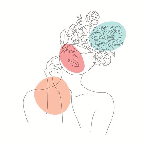손으로 그린 한 라인 아트 초상화 그림 우아한 여성의 얼굴과 꽃 프리미엄 벡터