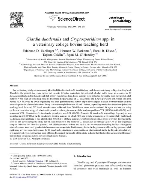 Pdf Giardia Duodenalis And Cryptosporidium Spp In A Veterinary