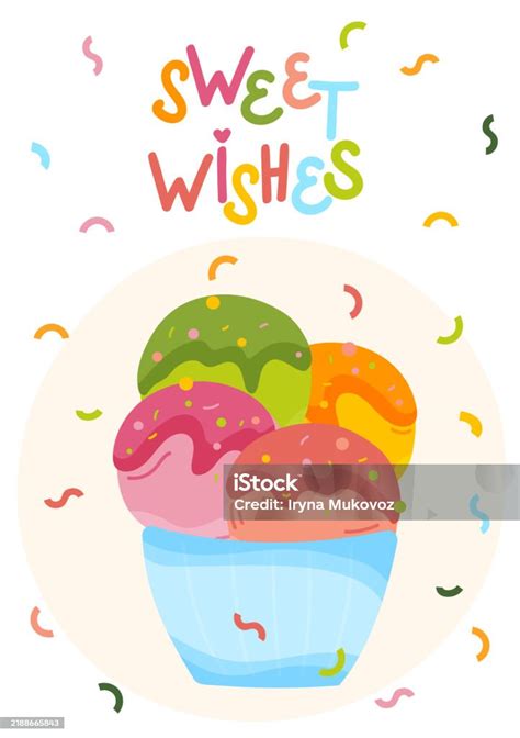 달콤한 소원 텍스트가 있는 다채로운 아이스크림 한 스쿱 인사말 카드 소셜 미디어 게시물 또는 즐거운 순간을 기념하는 디자인 벡터 일러스트 레이 션 냉동된에 대한 스톡 벡터