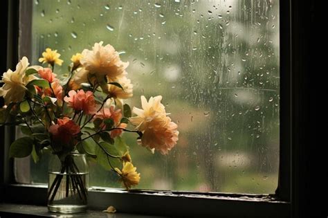 Premium Ai Image Refreshing Spring Rain On Window Pane