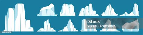 플로팅 빙산 컬렉션 표류 하는 북극 빙하 얼어 붙은 바다 물 블록 눈이 있는 얼음 산 녹는 얼음 피크 남극 눈 덮인 풍경 남극과 북극 벡터 일러스트레이션 겨울에 대한 스톡