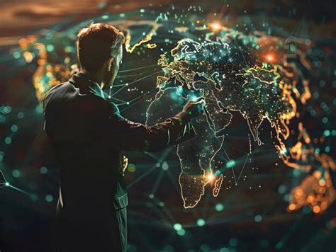 Businessman Manipulating Virtual World Map Detailed Digital Art Showcasing Dynamic Data Flow And