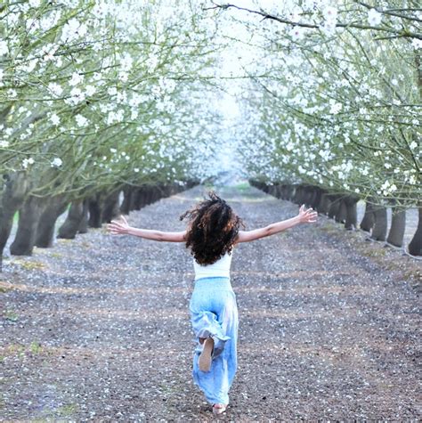 개화 한 걱정 없는 계절 고요한 과수원 껴안다 꽃 꽃무늬 꽃이 피는 나무 나무 행 달리는 뒷모습 라이프스타일 봄 블루 드레스 선명한 시원한