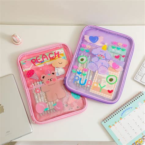 Jual Kawaii Tablet Ipad Sleeve Transparent Korean Style Kotak Pensil Besar Pouch Transparan