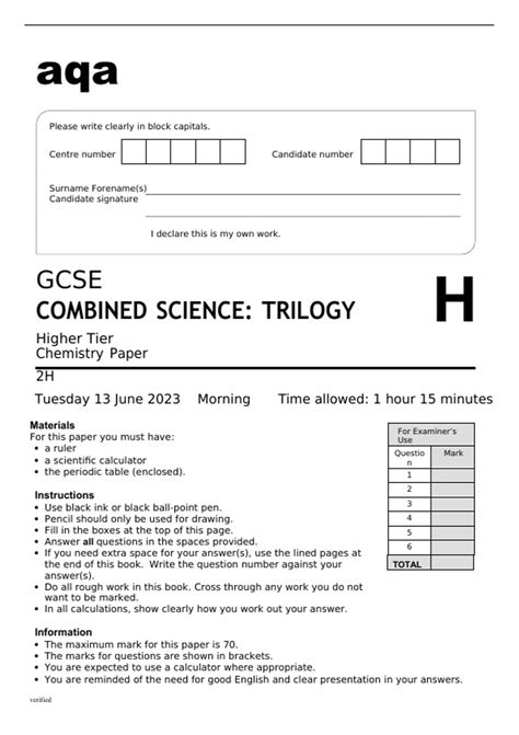 Aqa Gcse Combined Science Trilogy 8464 C 2h Question Paper June2023 Gcse Combined Science