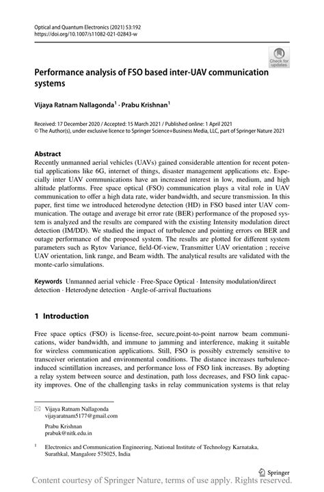 Performance Analysis Of Fso Based Inter Uav Communication Systems Request Pdf