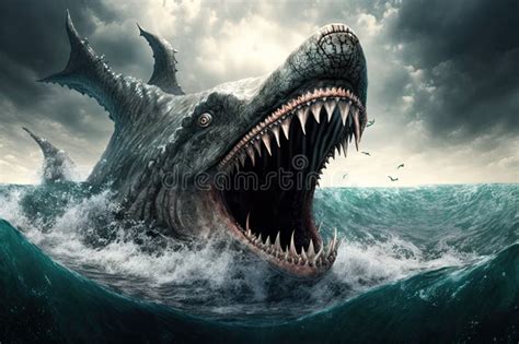 A Sea Monster Emerging From The Ocean Its Mouth Filled With Razor Sharp Teeth Stock