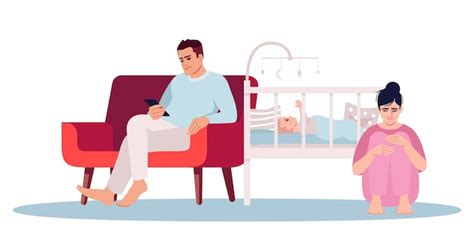 산후 우울증 세미 플랫 Rgb 컬러 벡터 일러스트 레이 션 스트레스를 받은 젊은 부모는 흰색 배경에 만화 캐릭터를 격리했습니다 신생아와 짜증 커플입니다 산후 장애