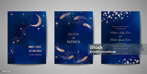 반짝이 마법의 밤 어두운 푸른 하늘 별 벡터 청첩장 골드 반짝이 가루 시작 배경 손으로 그린 황금 먼지 자정 밀키 방법 동화와 날짜 카드를 저장의 세트 별에 대한 스톡 벡터
