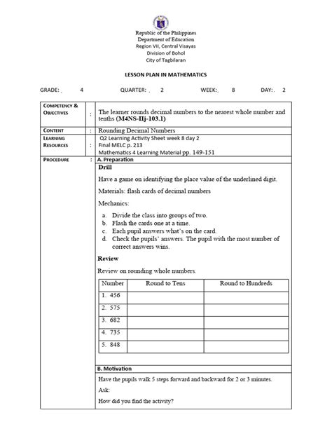 Prototype Lesson Plan In Math 4 Q2 Week 8 Day 2 Pdf Numbers Behavior Modification