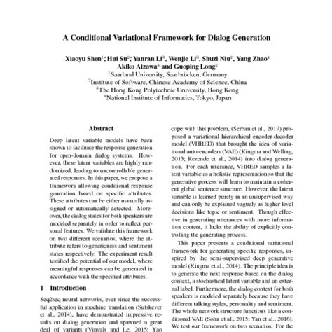 A Conditional Variational Framework For Dialog Generation Acl Anthology