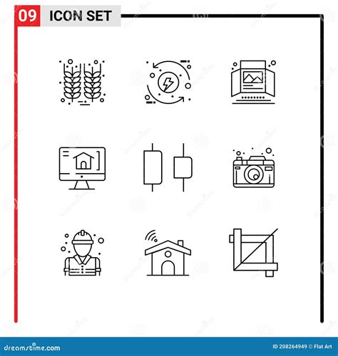 Mobile Interface Outline Set Of 9 Pictograms Of Center Home Energy Computer Print Ad Stock