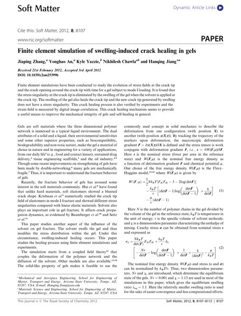 Pdf Finite Element Simulation Of Swelling Induced Crack Healing In Gels