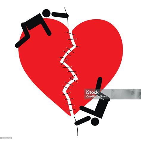 흰색 바탕에 깨진 붉은 마음을 바느질 사람들의 사랑의 커플의 만화 이미지 금이 간에 대한 스톡 벡터 아트 및 기타 이미지 금이 간 감정 개념 Istock