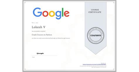 completion certificate for crash course on python lokesh v