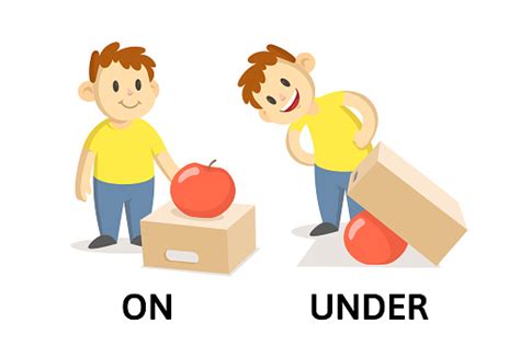 만화 소년 캐릭터와 플래시 카드에서 단어 반대 전치사 설명 카드 흰색 배경에 격리된 플랫 벡터 그림입니다 아래에 대한 스톡 벡터 아트 및 기타 이미지 Istock