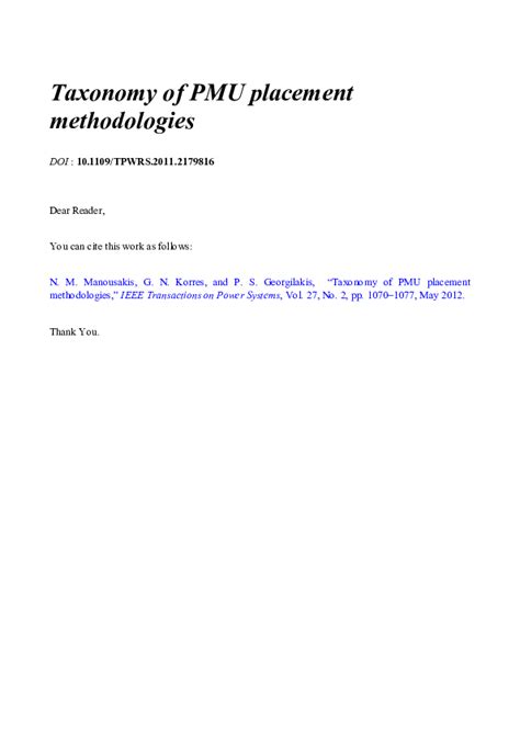 pdf taxonomy of pmu placement methodologies