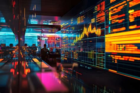 silhouette in high tech office analyzing stock market data on multiple